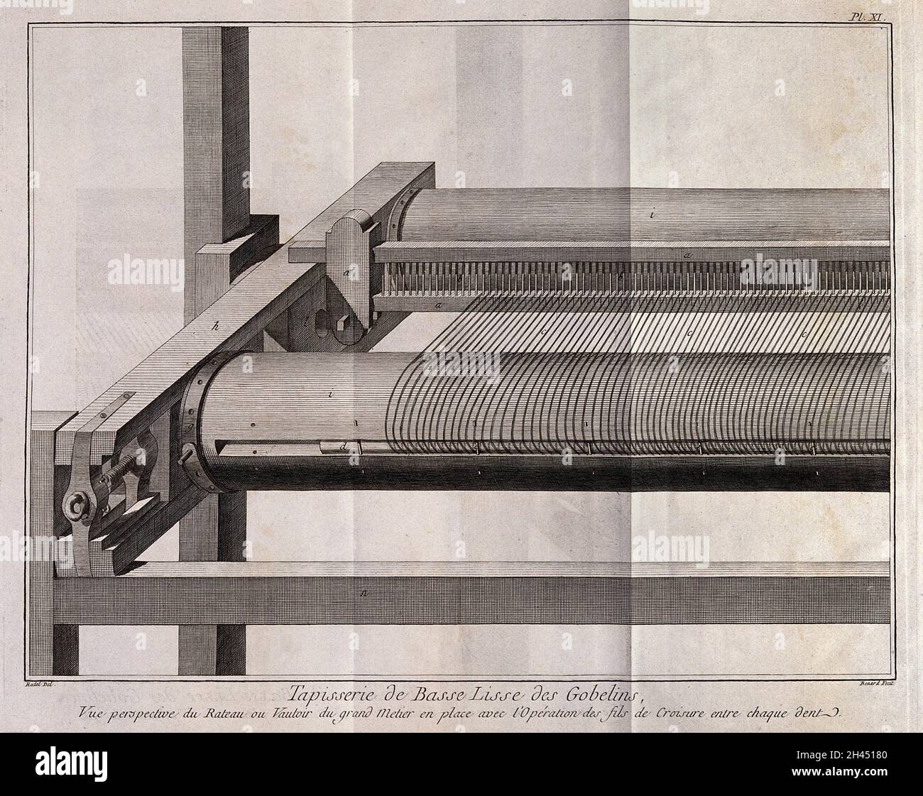 Textiles: tapestry weaving, detail of the top beam of a loom. Engraving ...