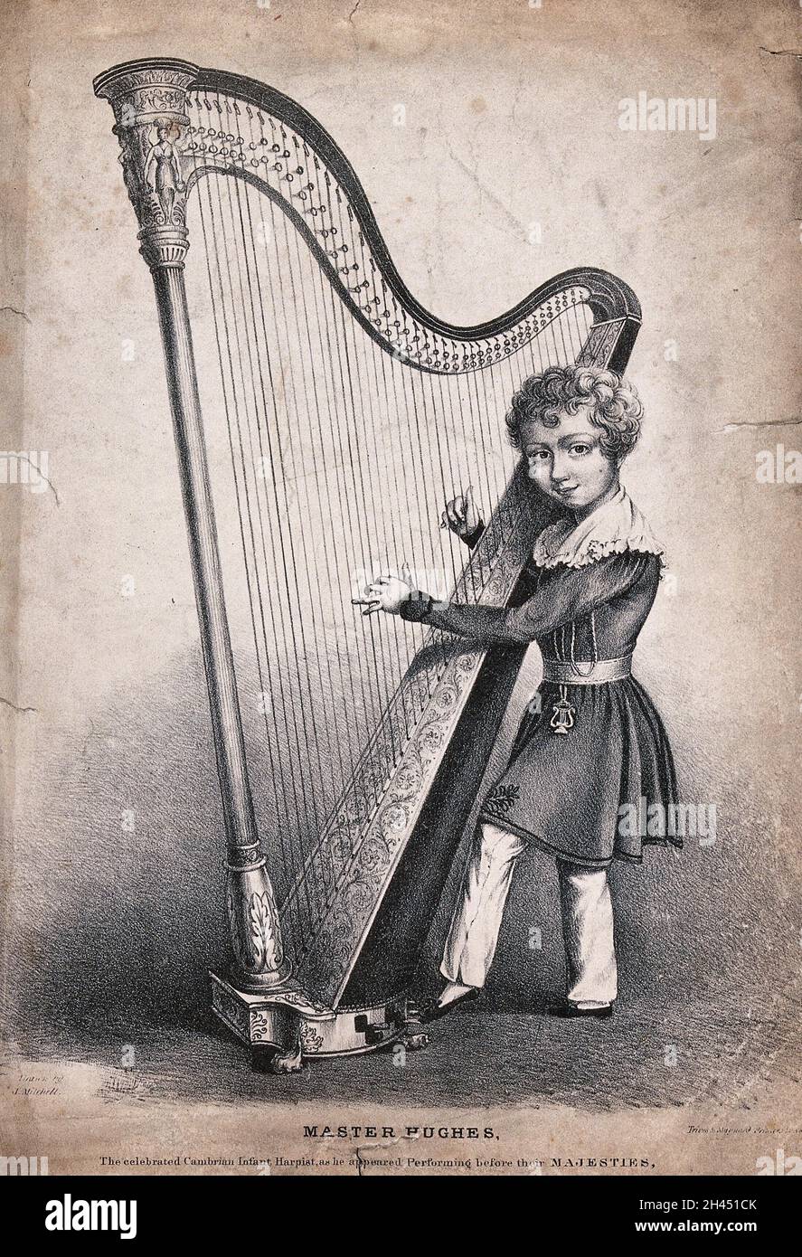 Joseph Tudor Hughes, a boy musician, playing the harp. Lithograph after ...