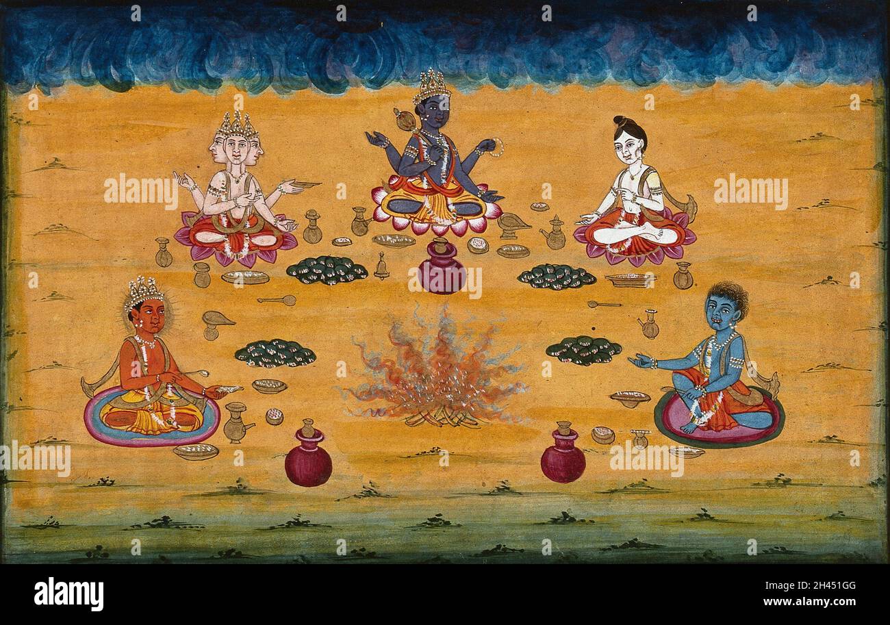 Vishnu, Brahman and three other deities perform a yagna, a fire ...