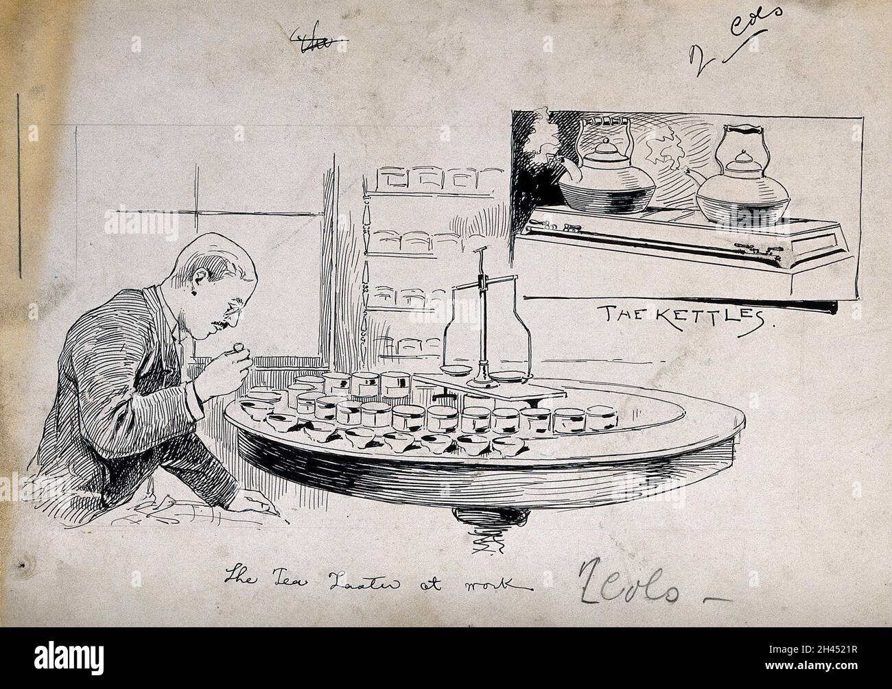 A man tasting tea with inset picture of kettles boiling. Pen and ink ...