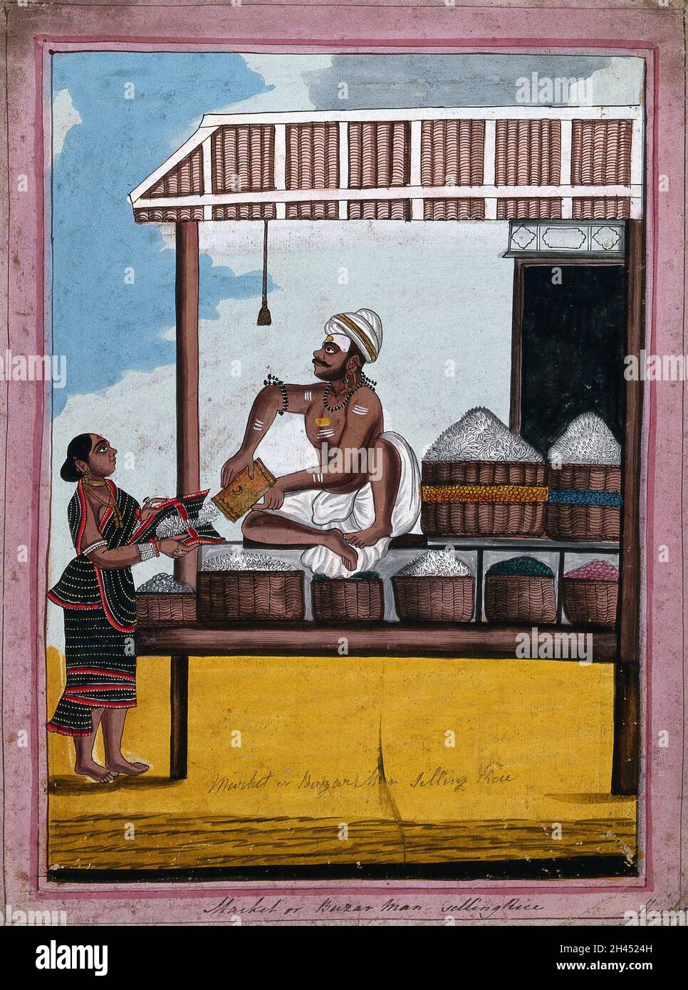 A market man selling rice from his store. Gouache drawing Stock Photo ...