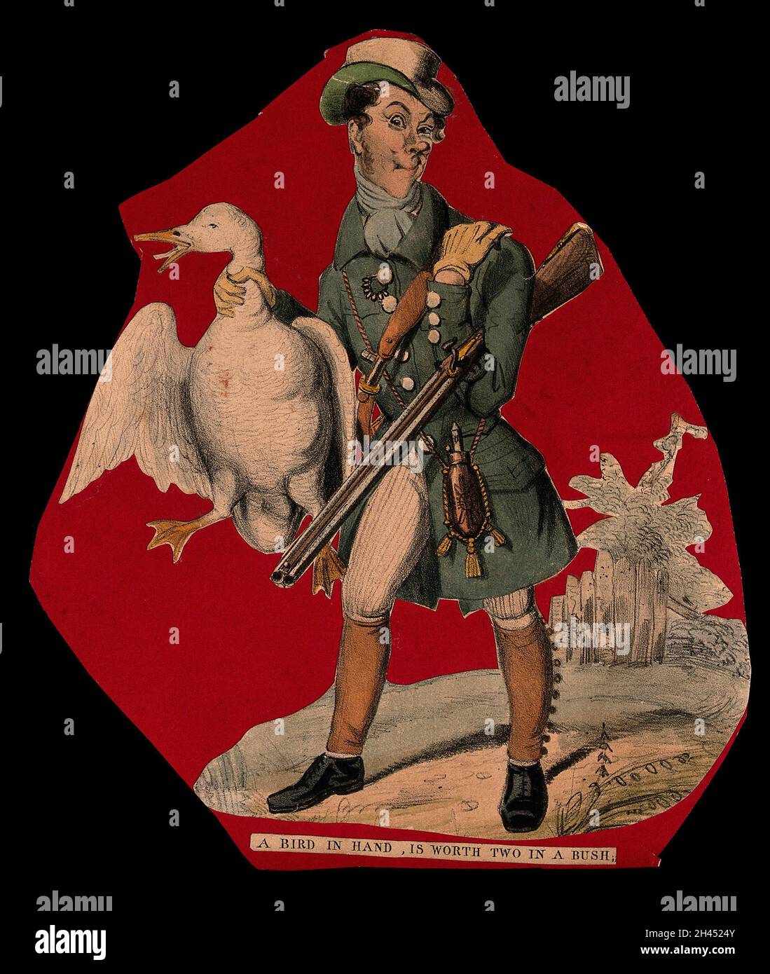 A hunter, with a gun under his arm, carrying a goose by the neck ...