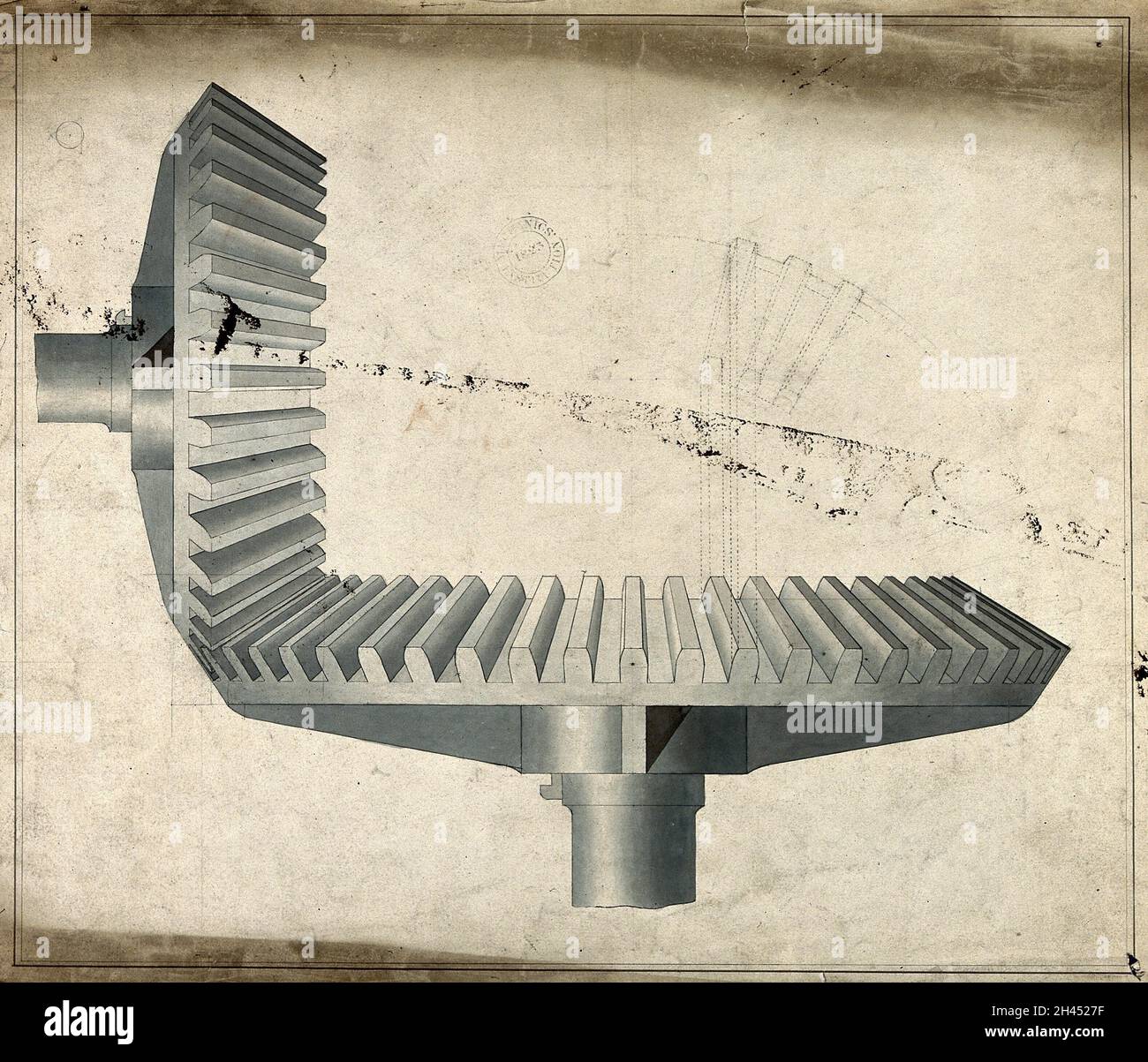 Engineering: two intermeshed crown gears. Coloured drawing, 1845 Stock ...