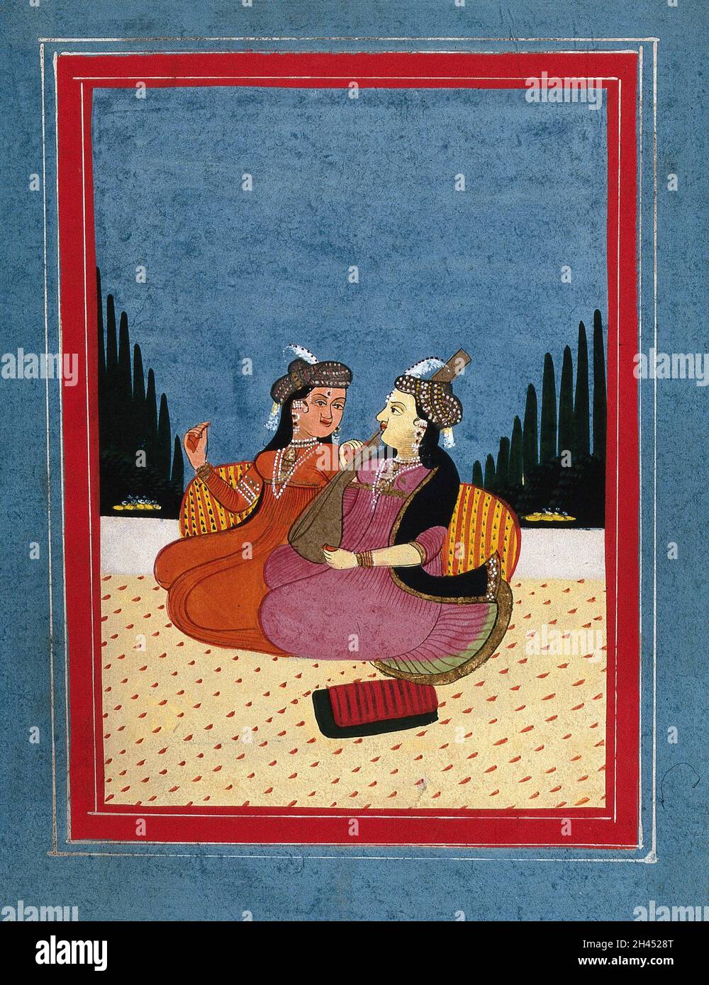 Two Persian (?) ladies sitting, one holding a musical instrument ...