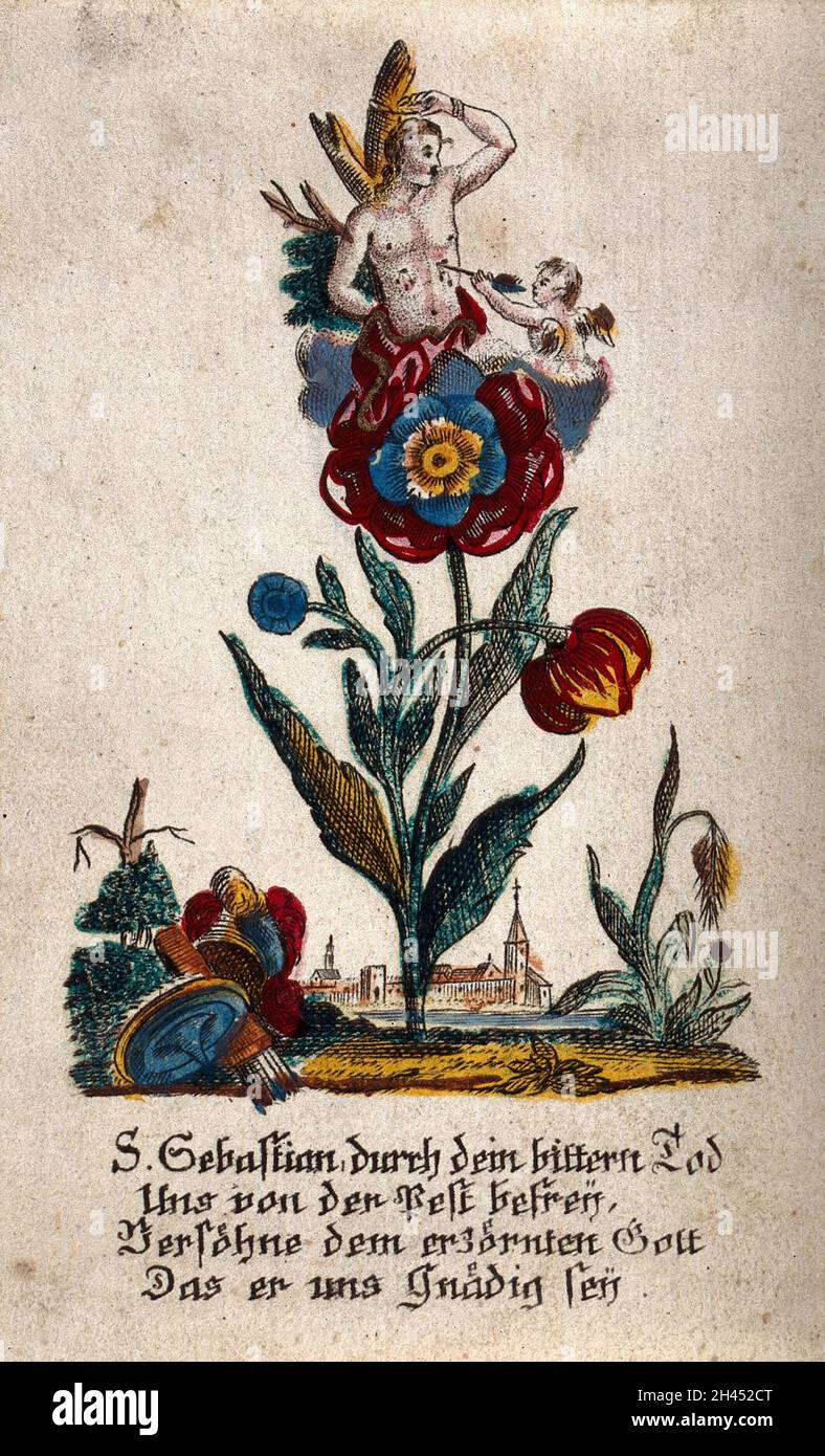 Martyrdom of Saint Sebastian. Coloured etching Stock Photo - Alamy