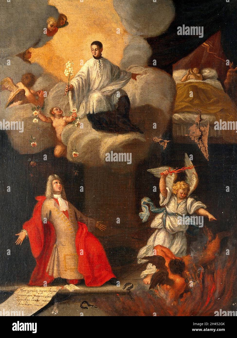 A man praying to a saint to assist in the cure of a sick child, devils ...