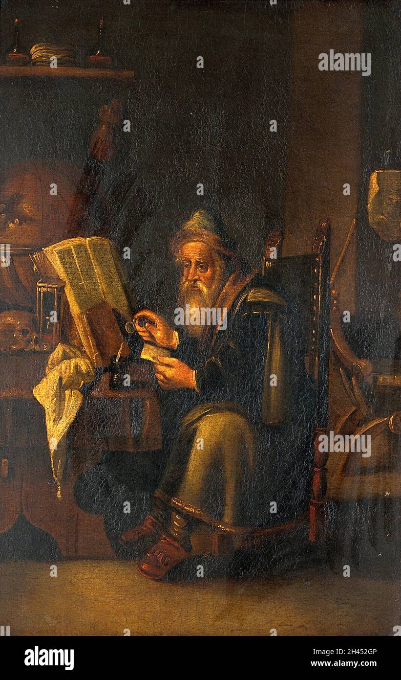 A philosopher reading. Oil painting by a follower of David Teniers the ...