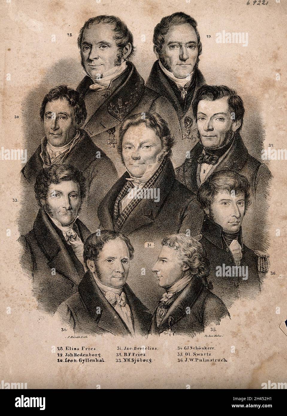 Nine famous Swedish doctors, numbered with a key from 28-36. Lithograph ...