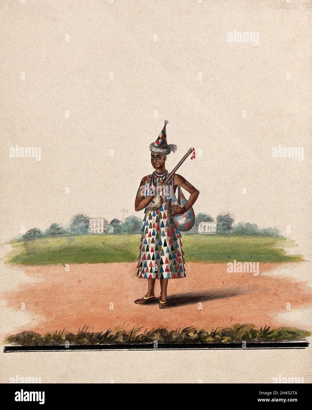 A street performer carrying a musical instrument. Watercolour by an ...