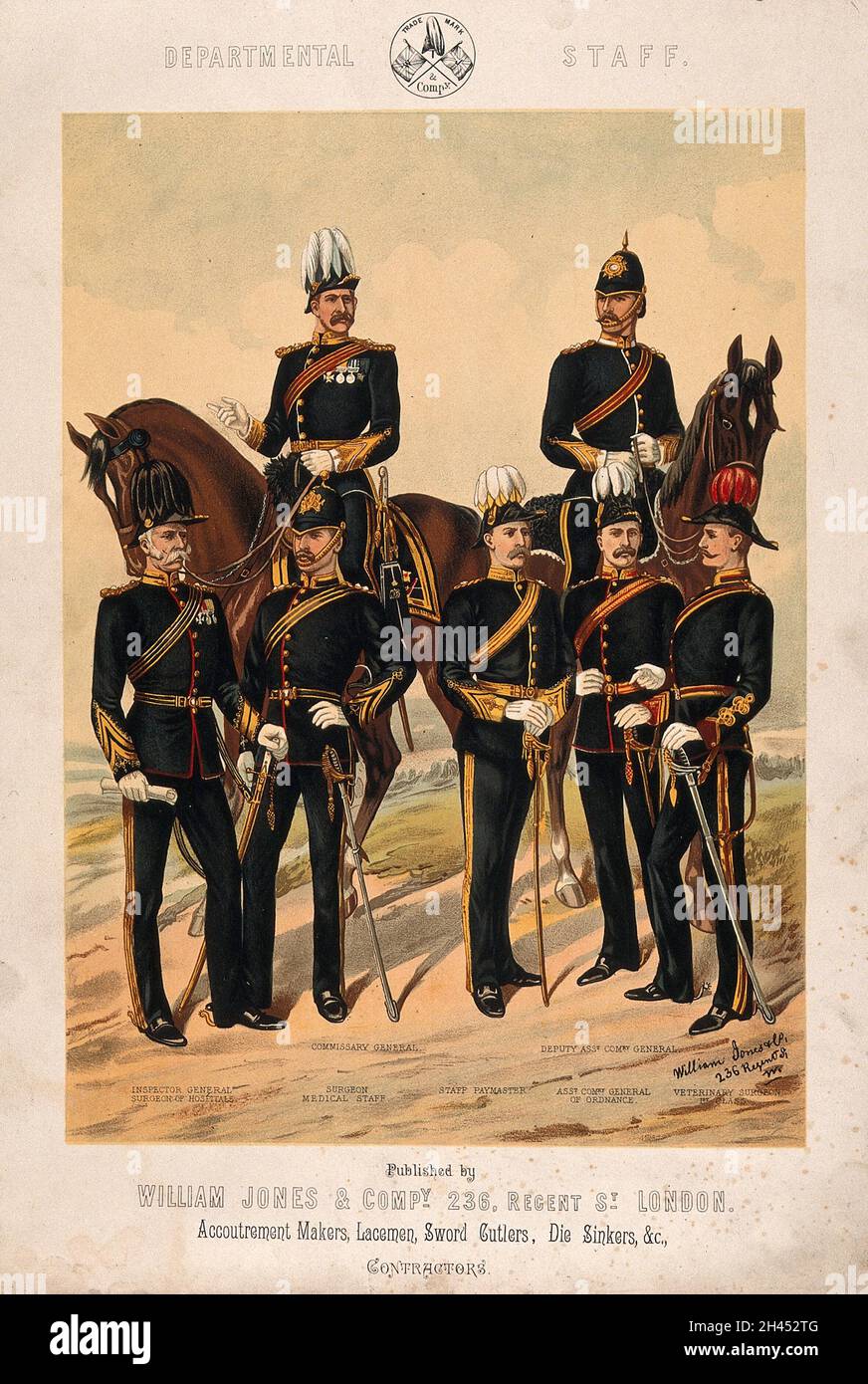 Seven uniformed senior British army staff, two of whom are mounted ...