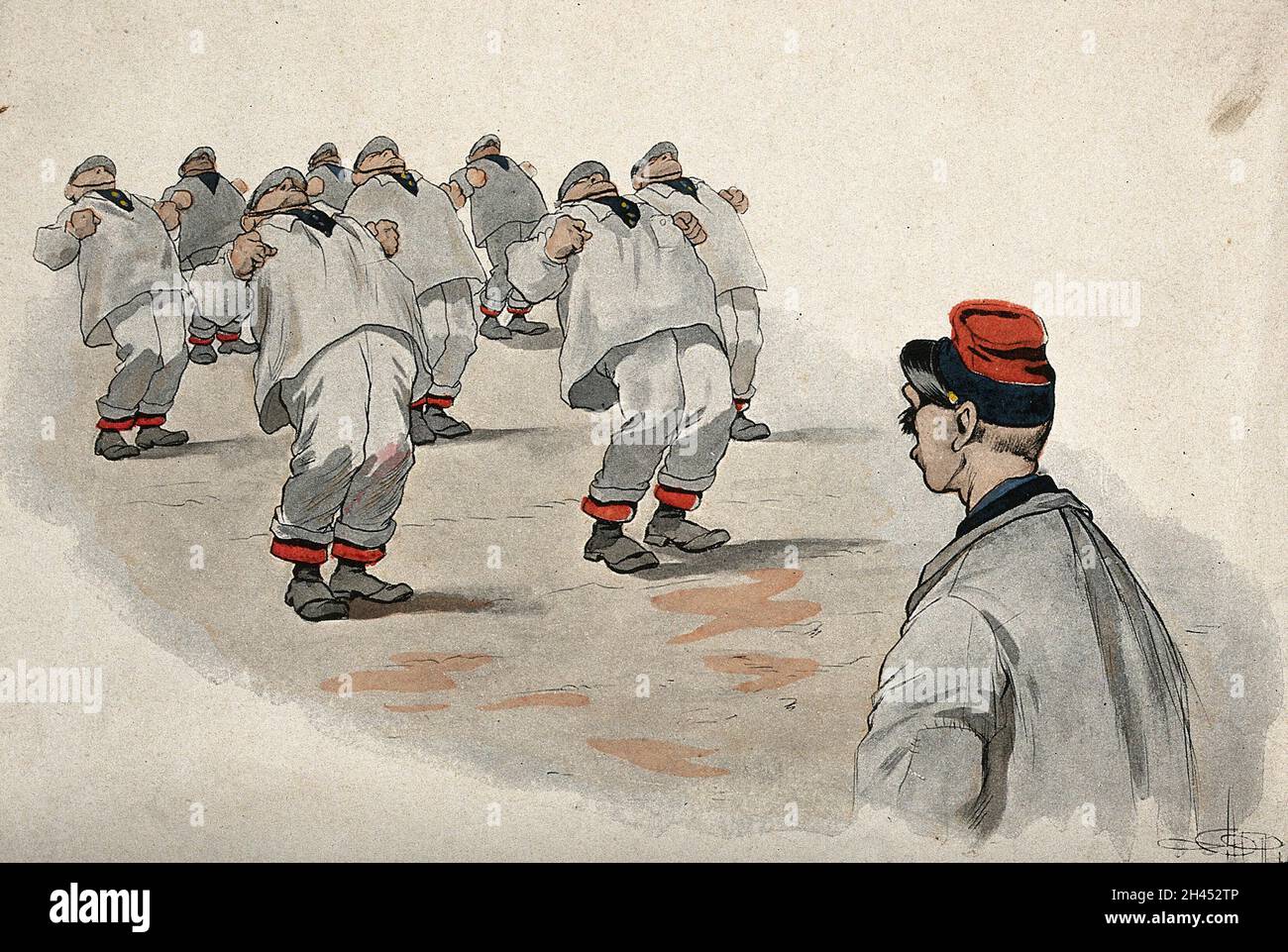 French conscripts being put through physical exercises. Colour process ...