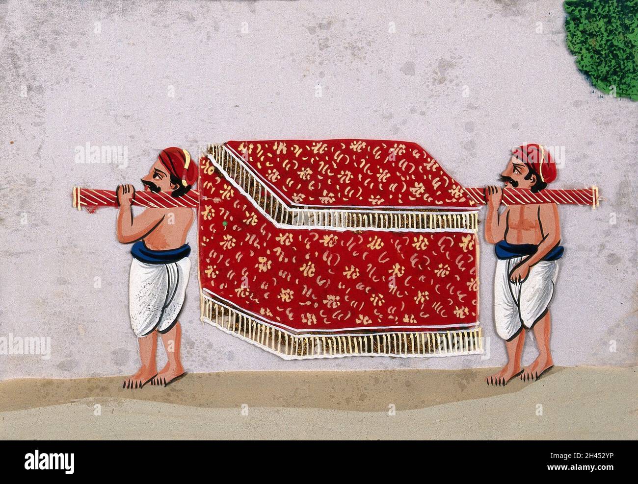 Two men carrying a covered palanquin. Gouache painting on mica by an ...