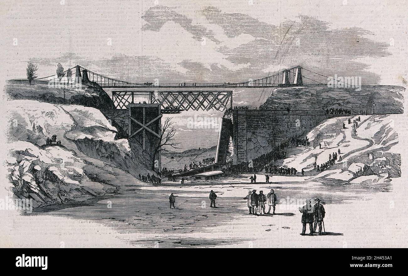 The fall of a railway train from a bridge in Hamilton, Ontario. Wood ...