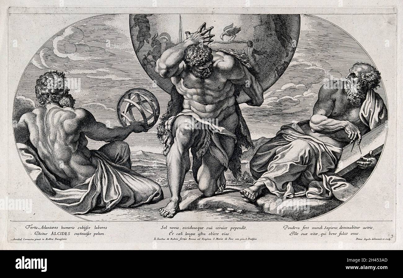 Hercules holds up the world between two philosophers representing ...