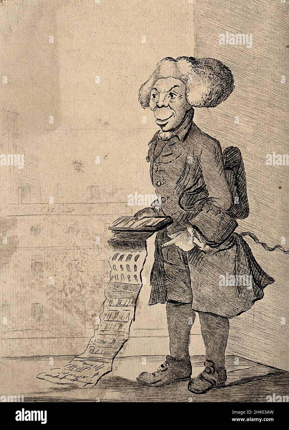 A tailor holding out a folding swatch of cloth samples. Etching by J ...