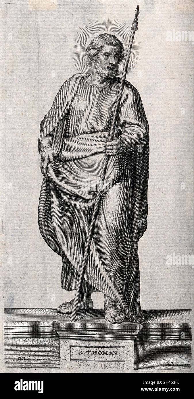 Saint Thomas. Line engraving after Sir P.P. Rubens Stock Photo - Alamy