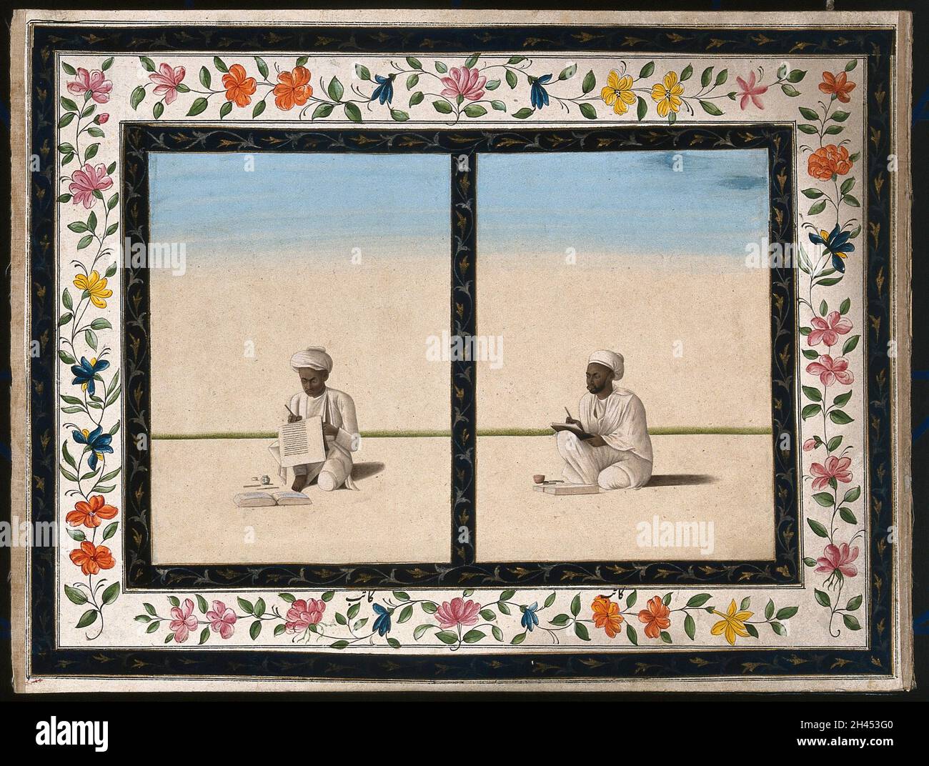 Two scribes copying manuscripts or official letters. Gouache painting ...