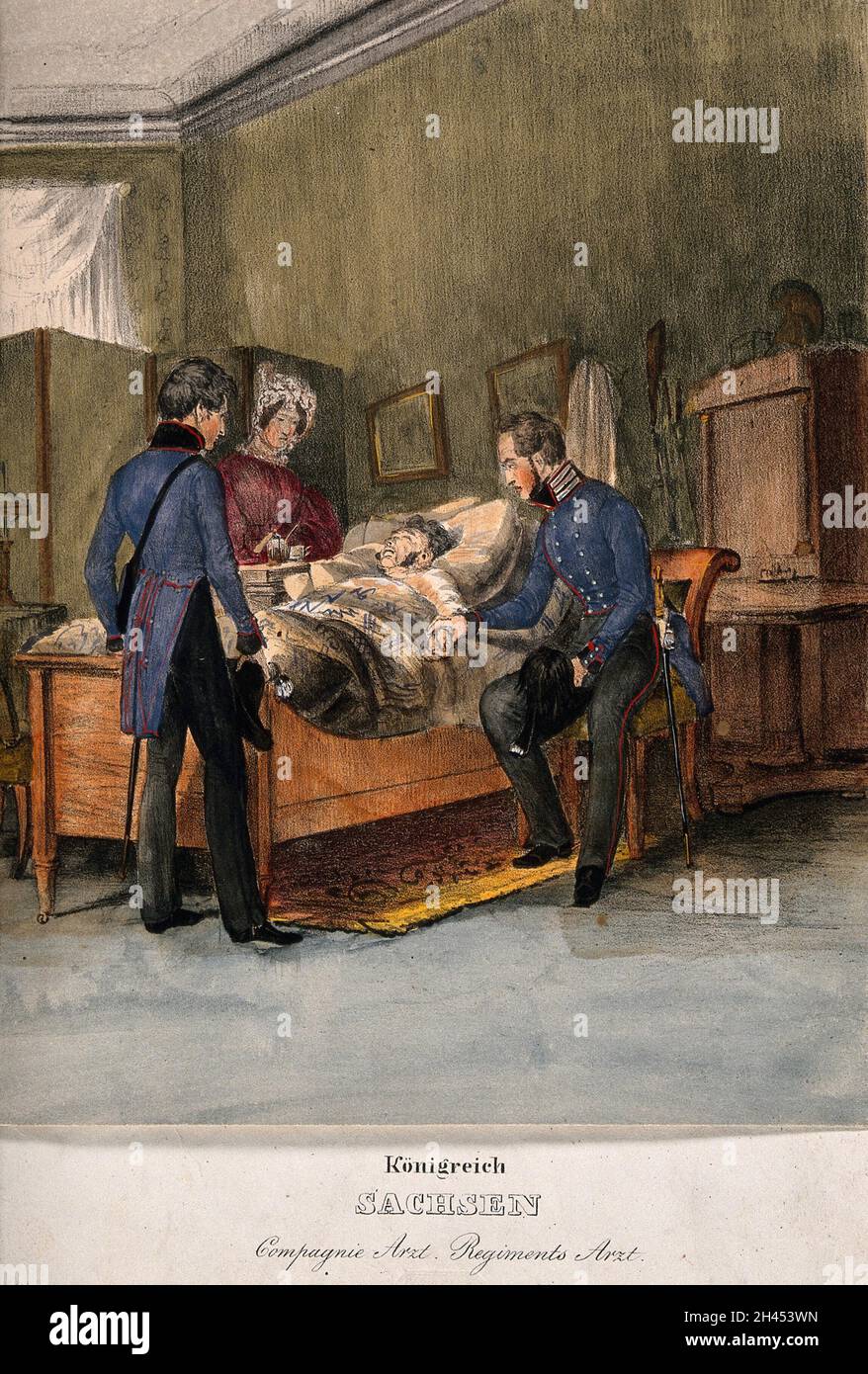 A German army doctor sits at a patient's bedside: a second soldier and ...