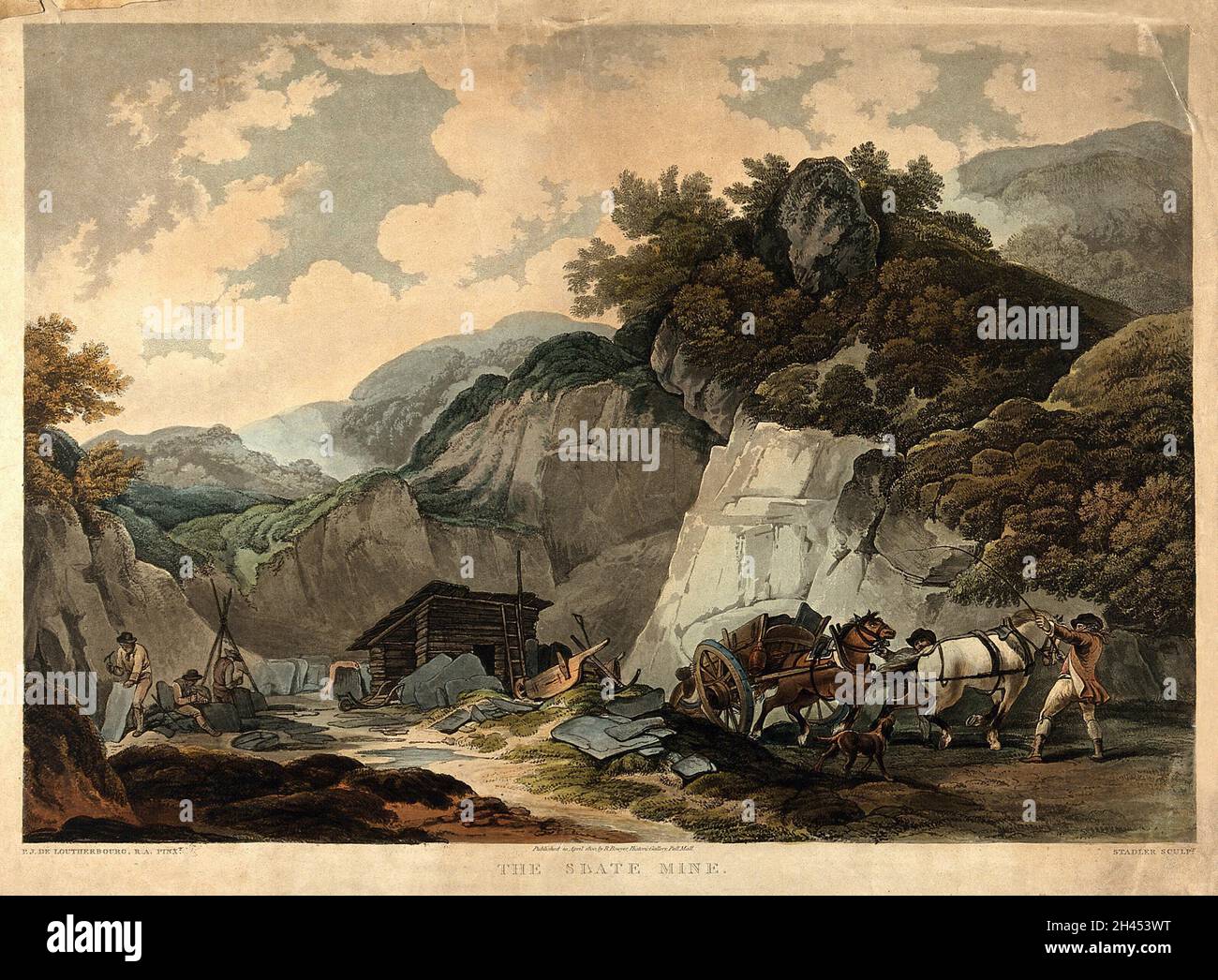 Stone: a working slate quarry, and the instruments used. Coloured ...