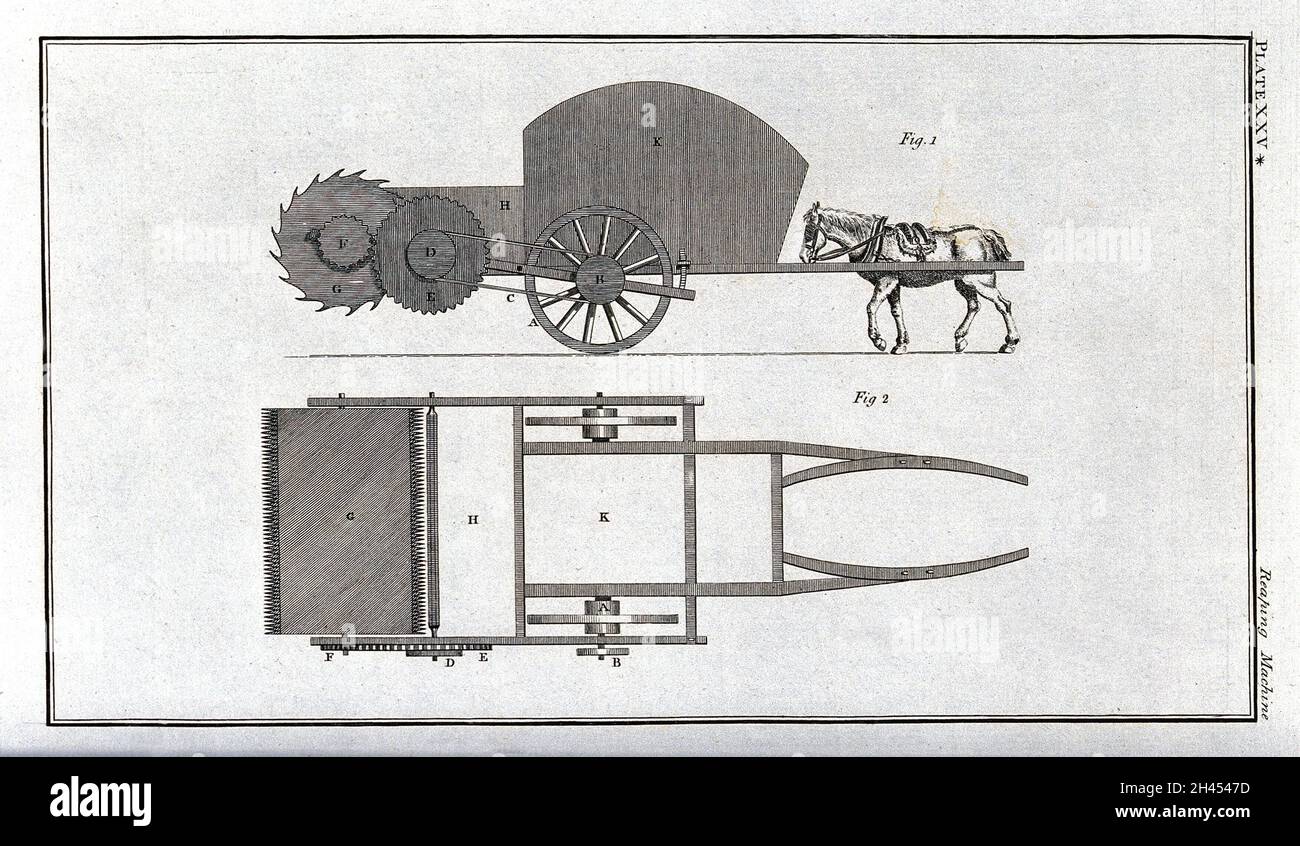 Farming: a reaping machine, driven by a horse. Engraving Stock Photo ...