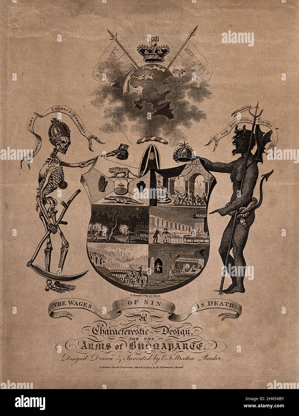 A skeleton and a devil flank a coat of arms. Etching, 1807 Stock Photo ...