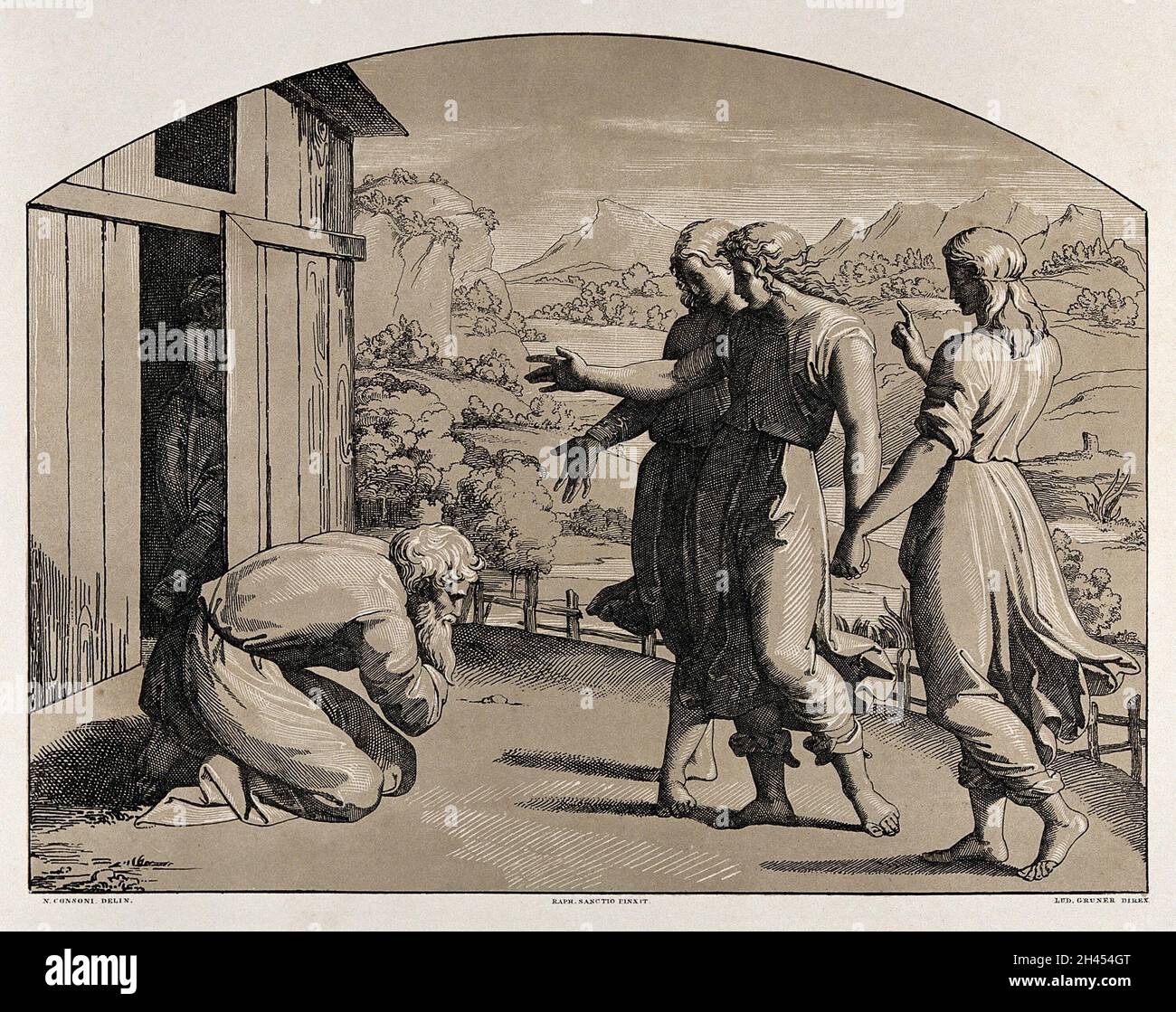 Abraham and the three angels. Colour lithograph by L. Gruner after N ...