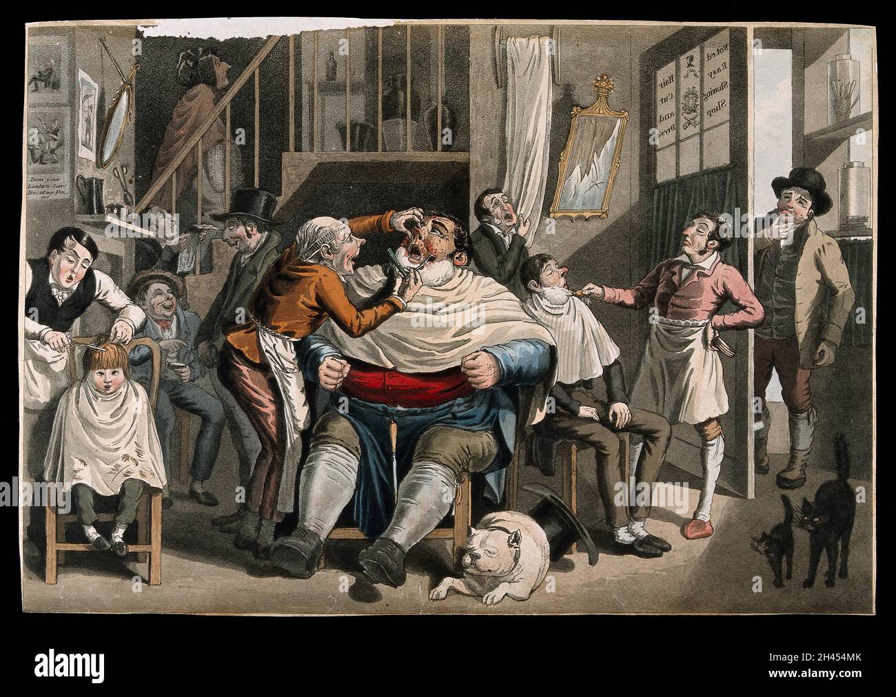 A barber cuts a man's face while shaving him; a second barber cuts a ...