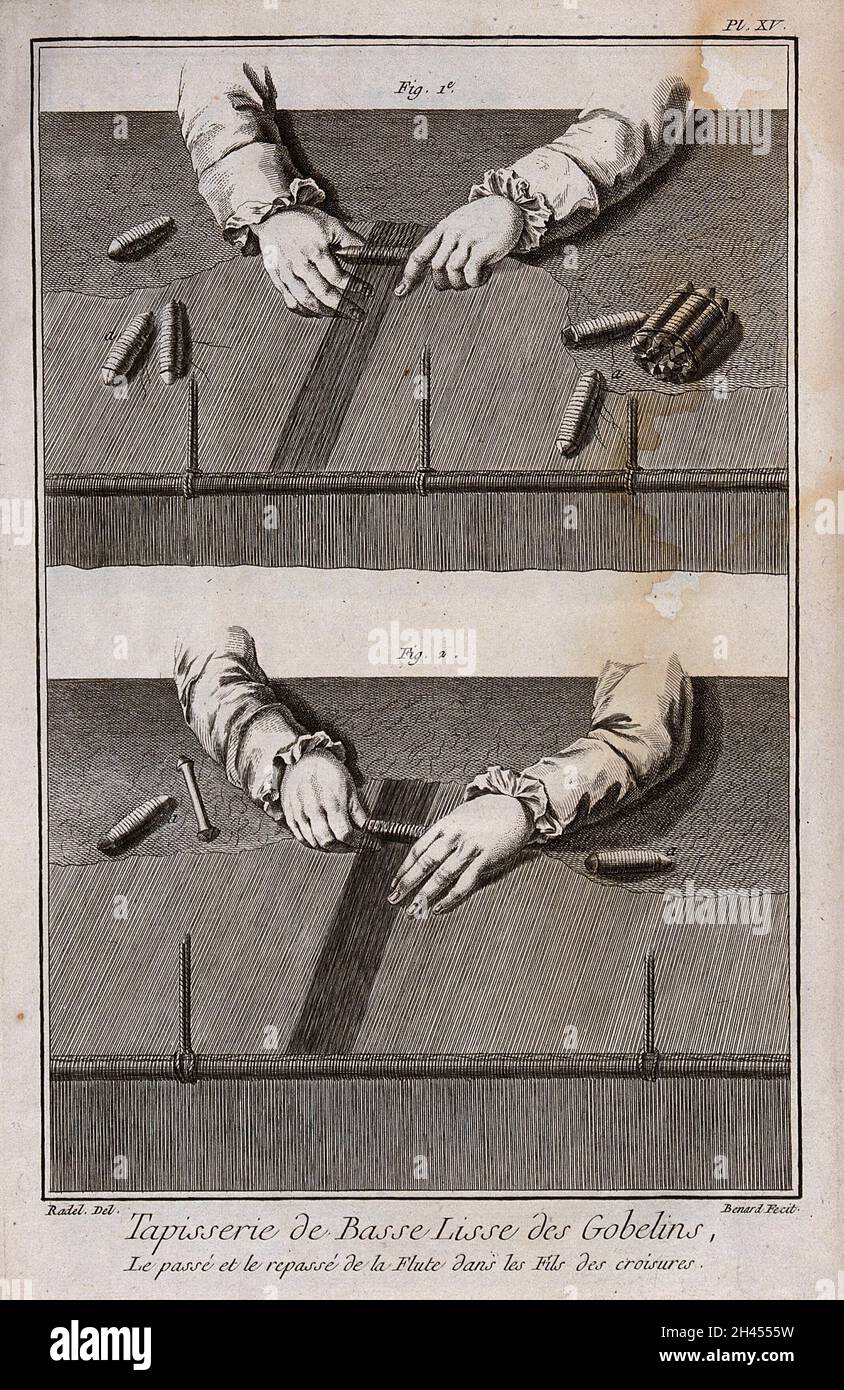 Textiles: tapestry weaving, a weaver passing different threads through ...