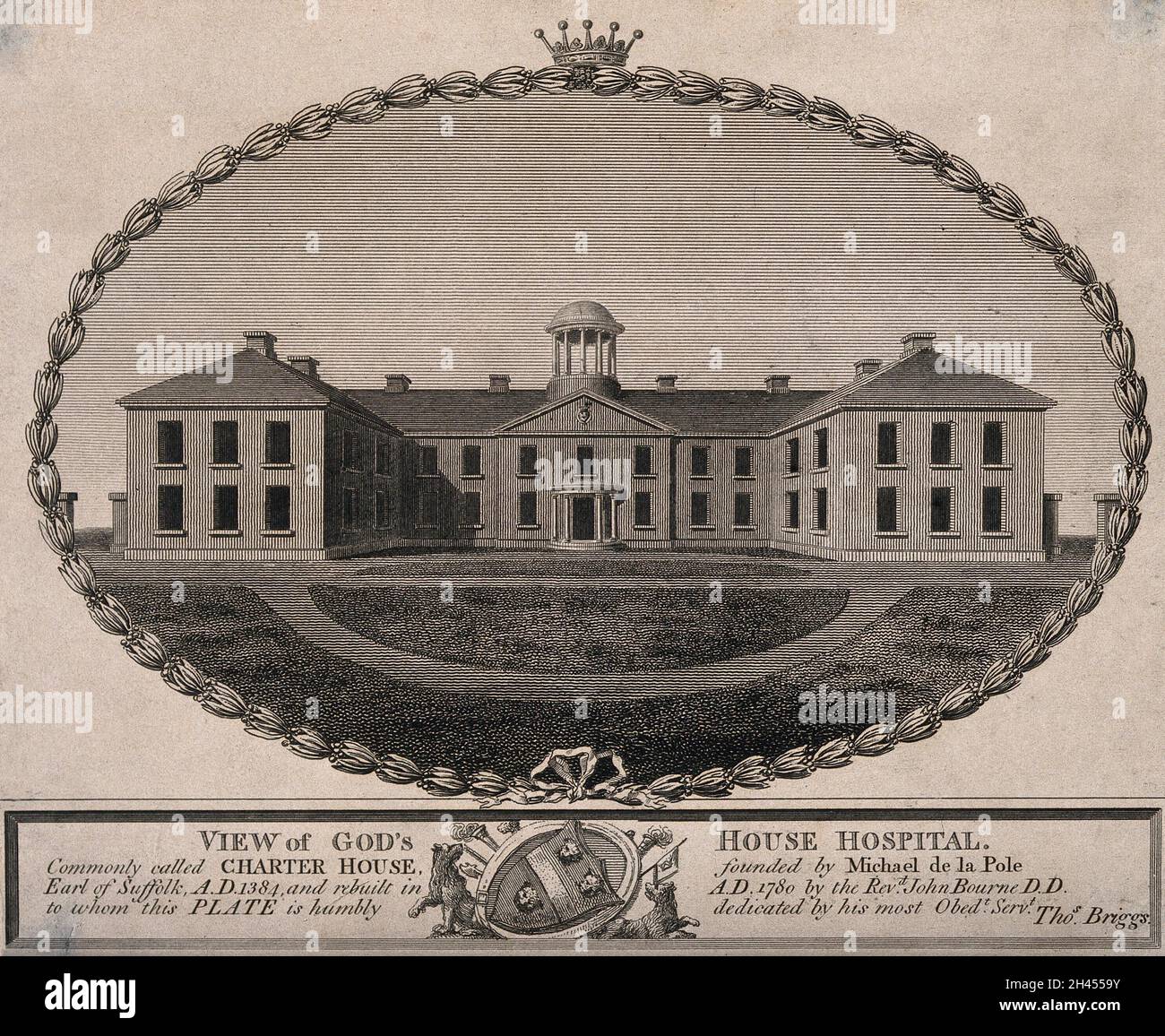 Charter House Hospital, Hull: the main facade. Engraving by T. Briggs ...