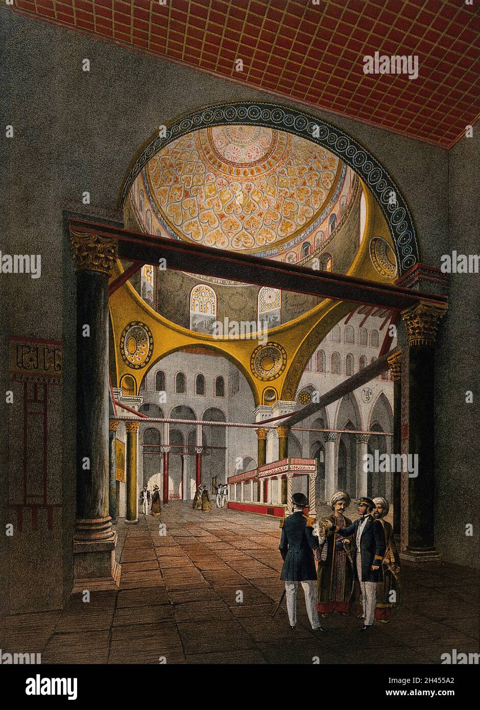 Interior of the Al-Aksa mosque, Jerusalem. Chromolithograph by ...