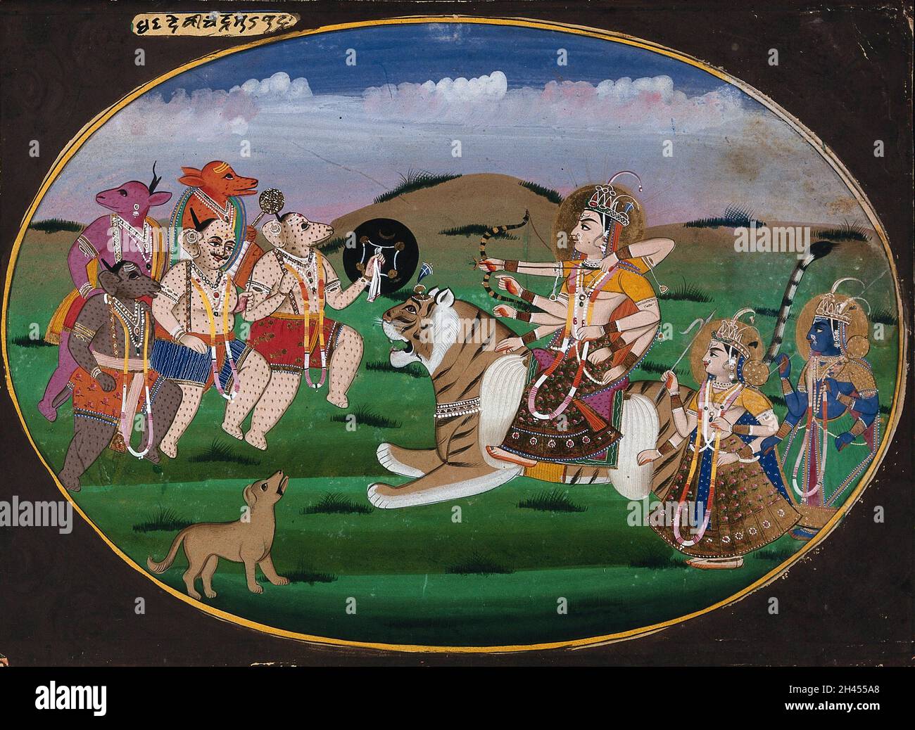 Devi Durga on a tiger draws her bow and arrow to battle the demons ...