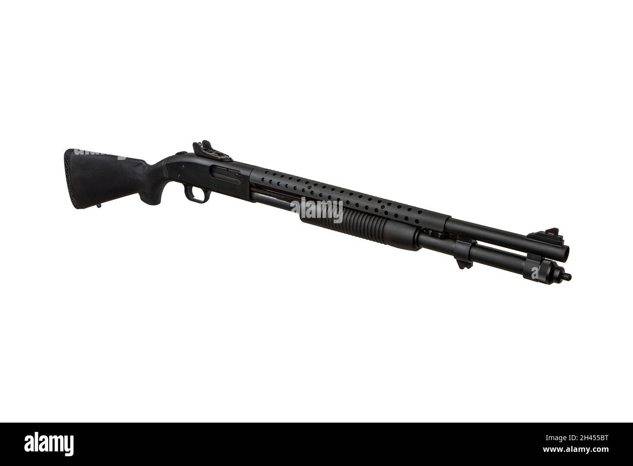 Pump-action 12 gauge shotgun isolated on a white background. A smooth ...