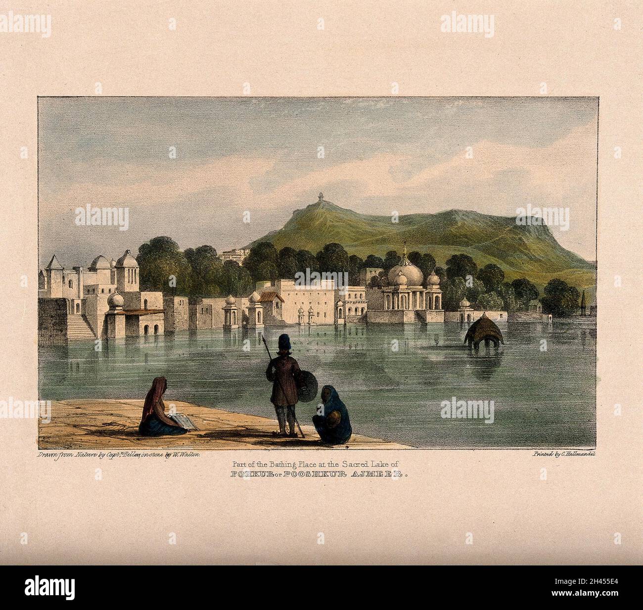 The bathing ghats at Pushkar, near Ajmer, Rajasthan, India. Coloured ...