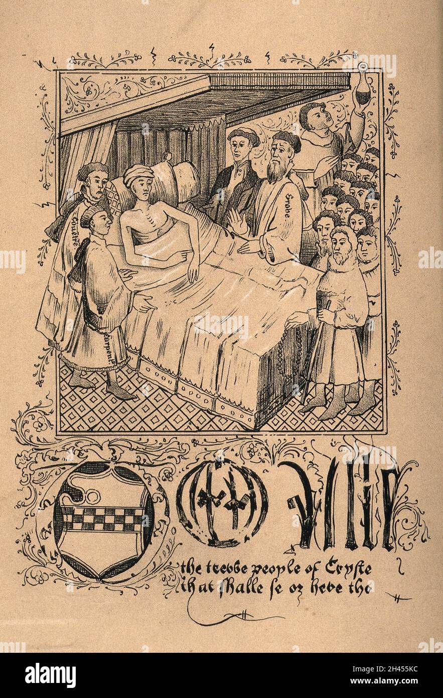 A man on his deathbed surrounded by several members of the clergy, a ...