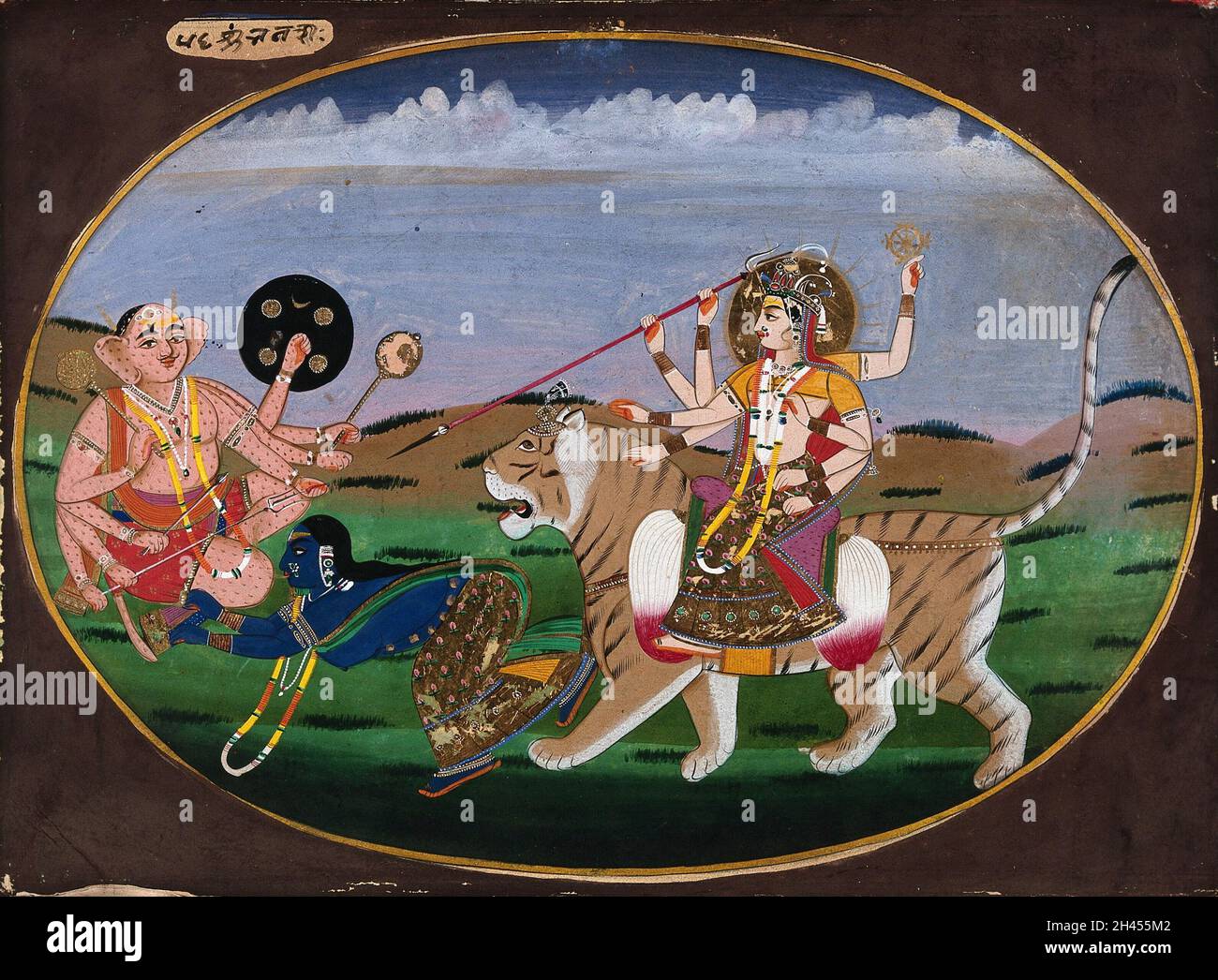 Durga seated on a tiger, points an arrow towards an blue-skinned female ...