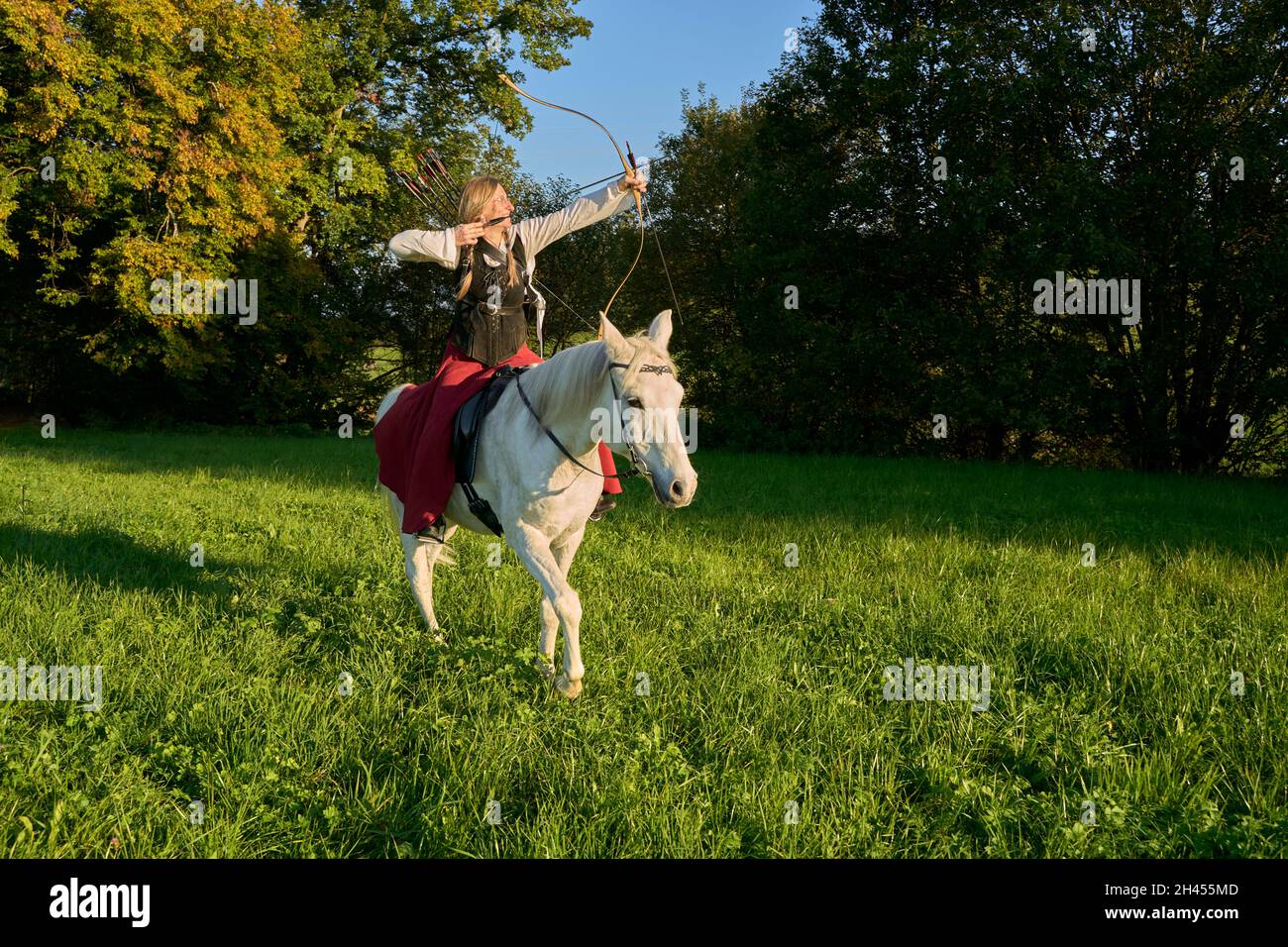 1 One Mounted Female Archer On White Arabian Horse Before Firing An ...
