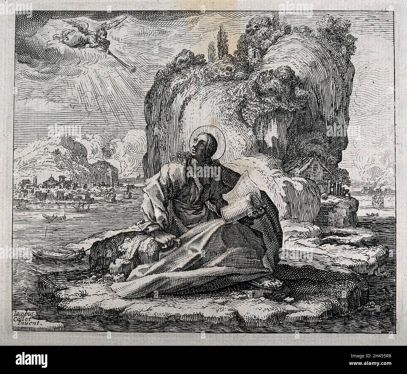 Saint John the Evangelist on Patmos. Etching after J. Callot Stock ...