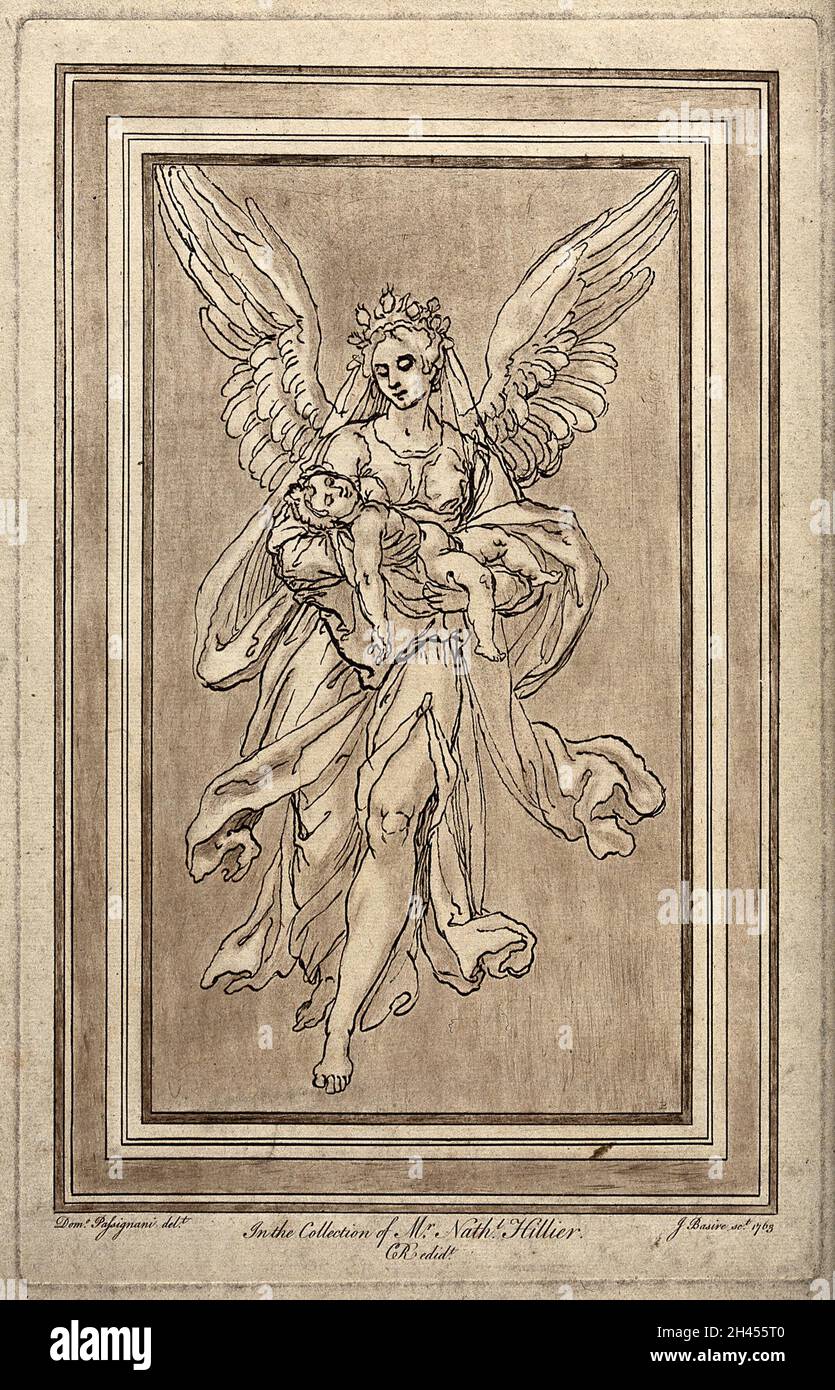 A guardian angel (or Night) carries a sleeping child. Etching by James ...