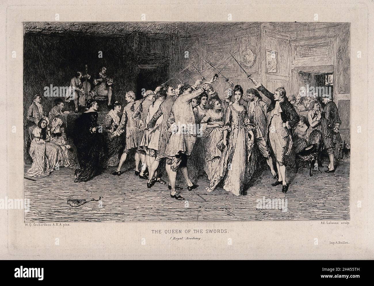 A line of young women are dancing under an arch created by the swords ...