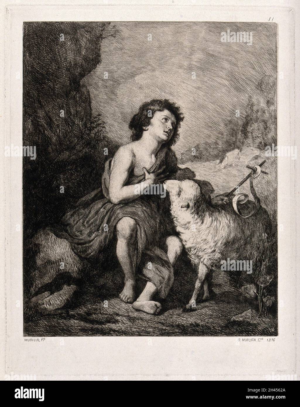 Saint John the Baptist as a child, seated, holding a cross, with a lamb ...
