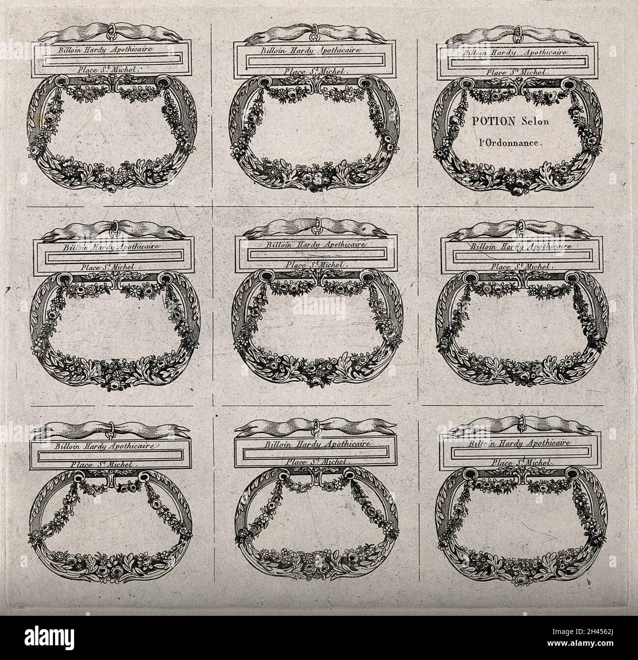 A sheet of designs for pharmacy labels. Etching Stock Photo - Alamy