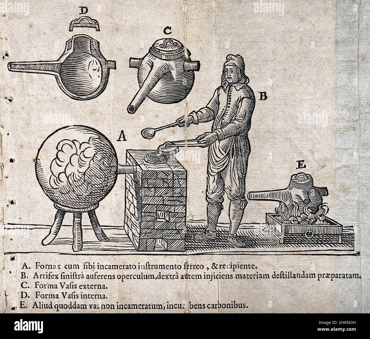 An alchemist at a furnace with a large 'receiver', with diagrams of ...