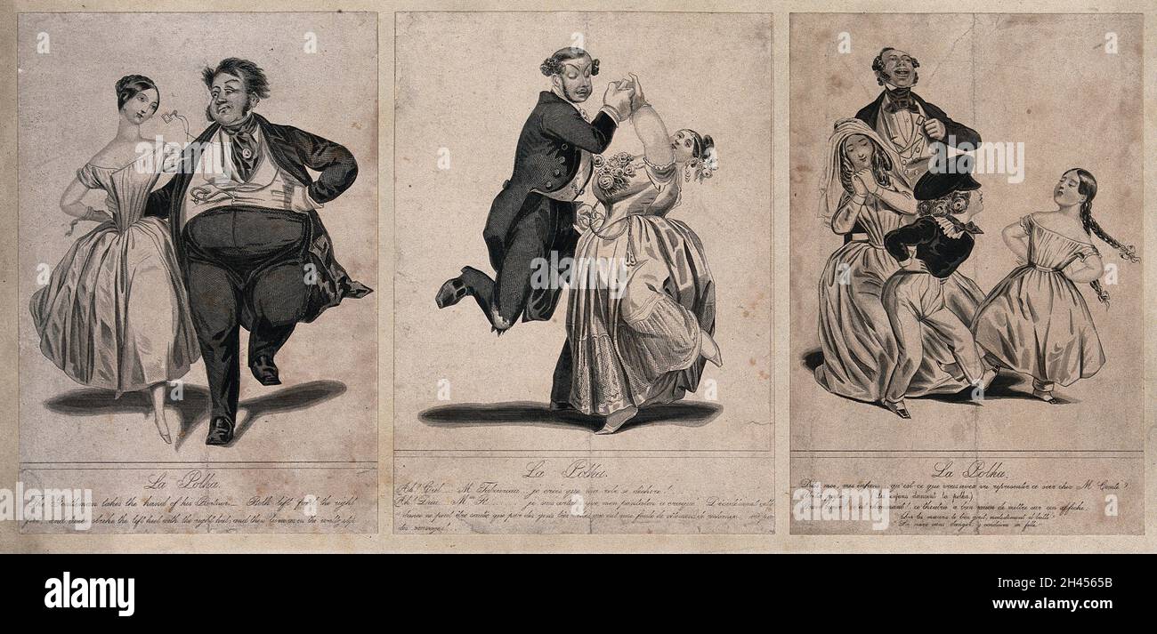 Two couples are dancing the polka and two children are following the ...
