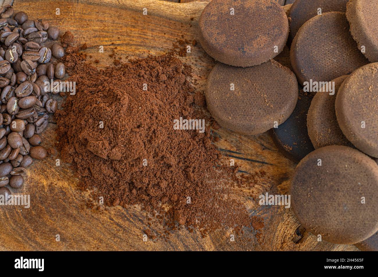 Coffee life cycle from beans, through powder, cup of delicoius espresso ...