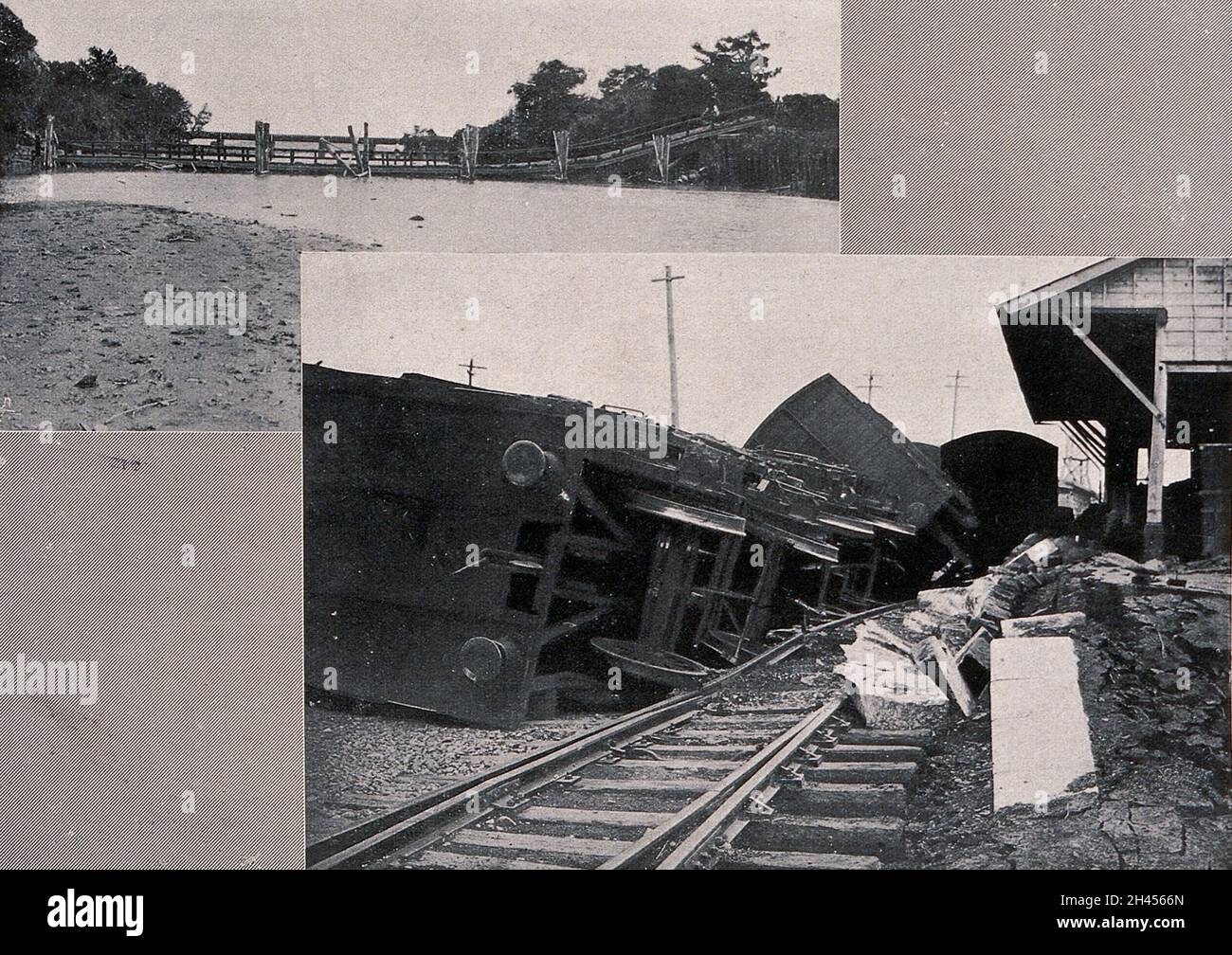 A collapsed bridge and a railway accident with an overturned train ...
