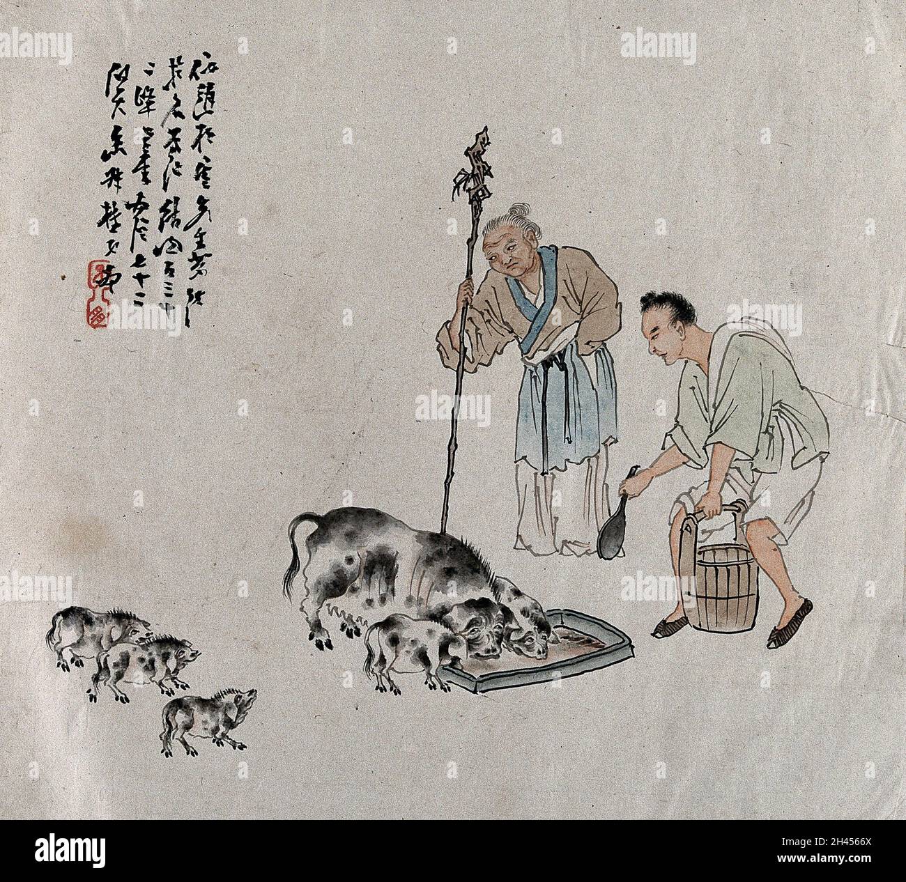 Two Chinese farmers feed a family of pigs. Gouache painting by a ...