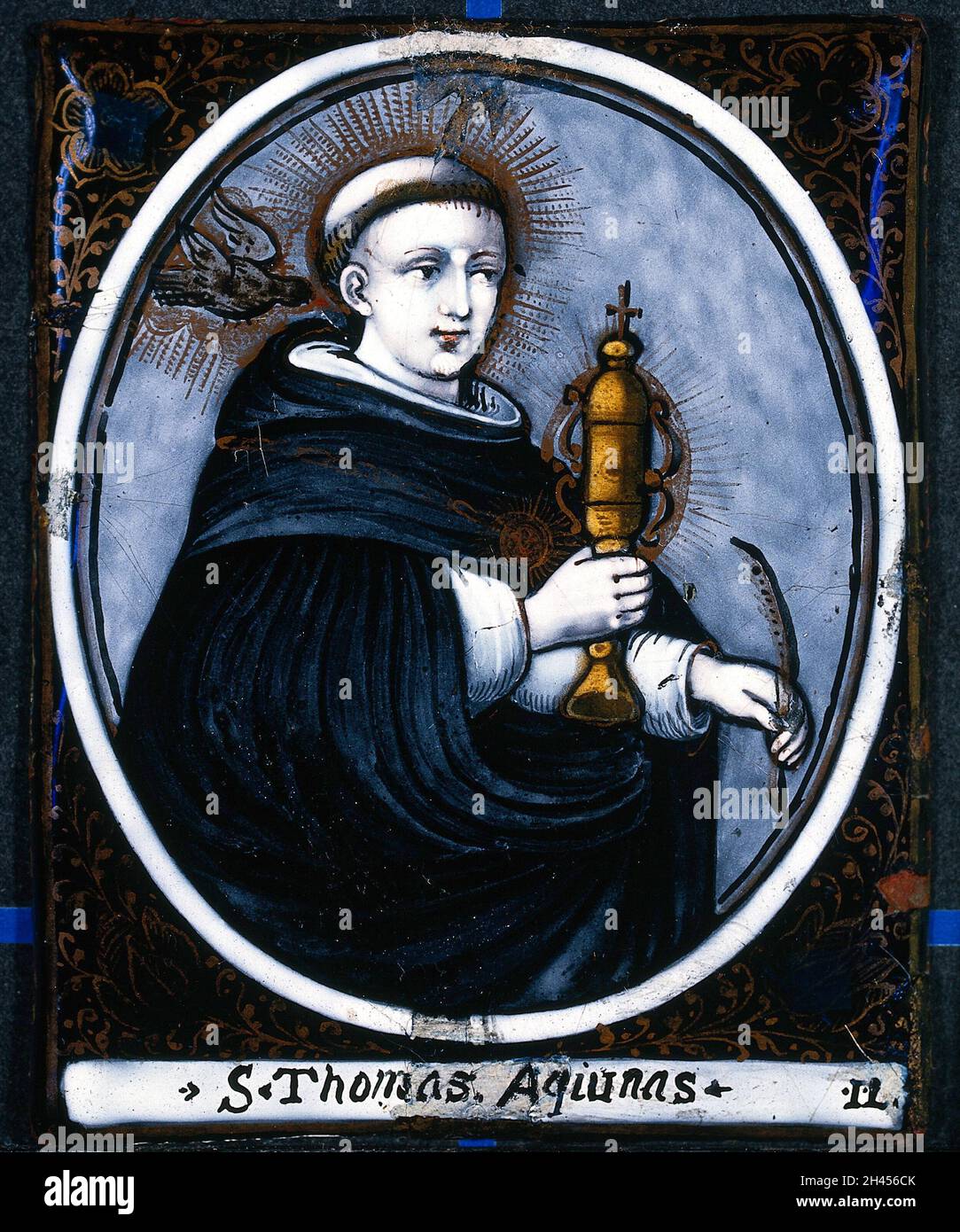 Saint Thomas Aquinas holding a monstrance and a quill. Painted plaque ...