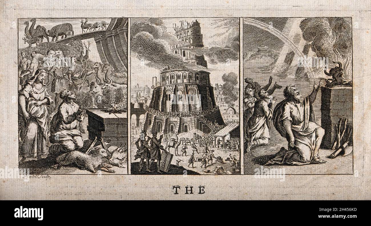 Noah preparing his first sacrifice after the Flood; the Tower of Babel ...
