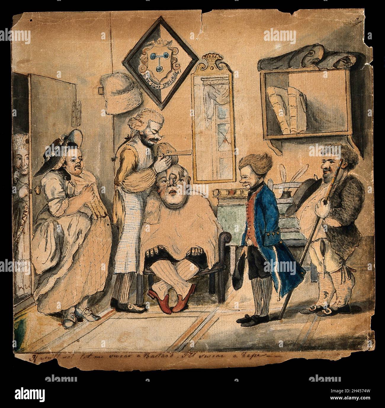 A barber pinching a fat bald-headed man's nostrils; two men stand to ...