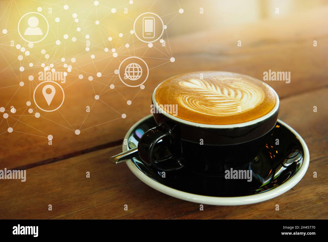 cup of black hot coffee drink on wood table cafe with morning light and ...